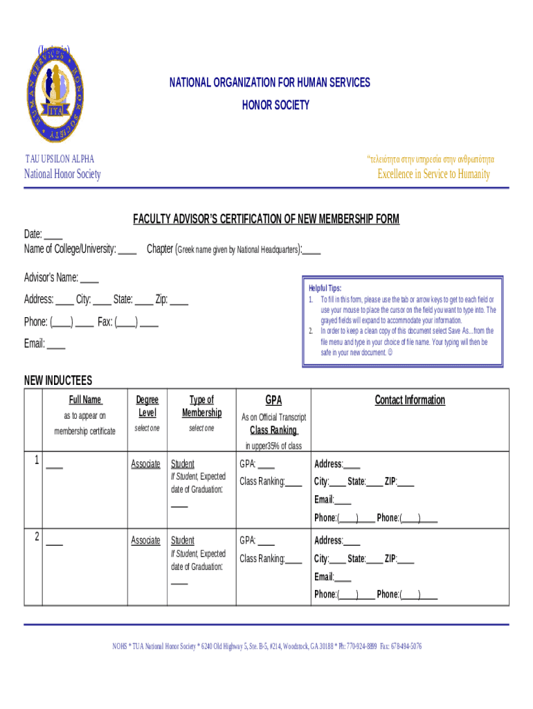 FACULTY ADVISORS CERTIFICATION OF NEW MEMBERSHIP Doc Template | pdfFiller