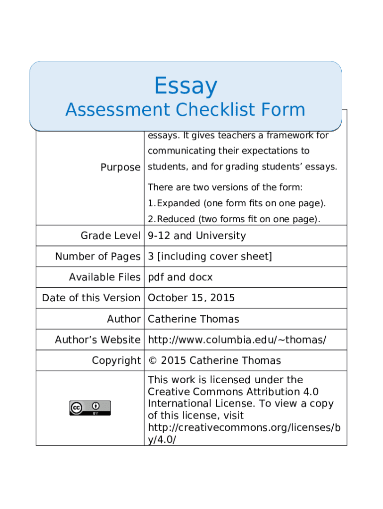 This assessment checklist is for essays Doc Template | pdfFiller