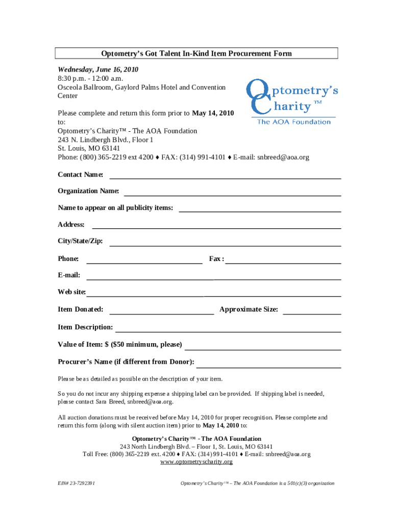 Optometrys CharitySilent Auction Procurement Doc Template | pdfFiller