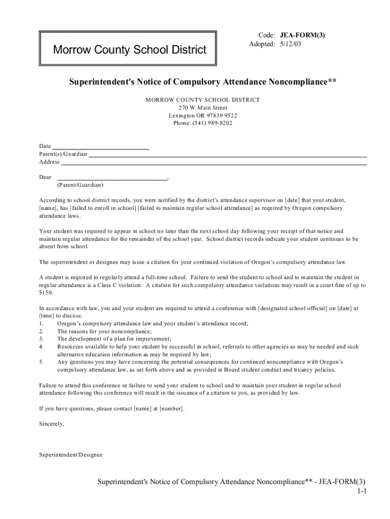 Fillable Online JEA-FORM(3) - Superintendent's Notice of Compulsory ...