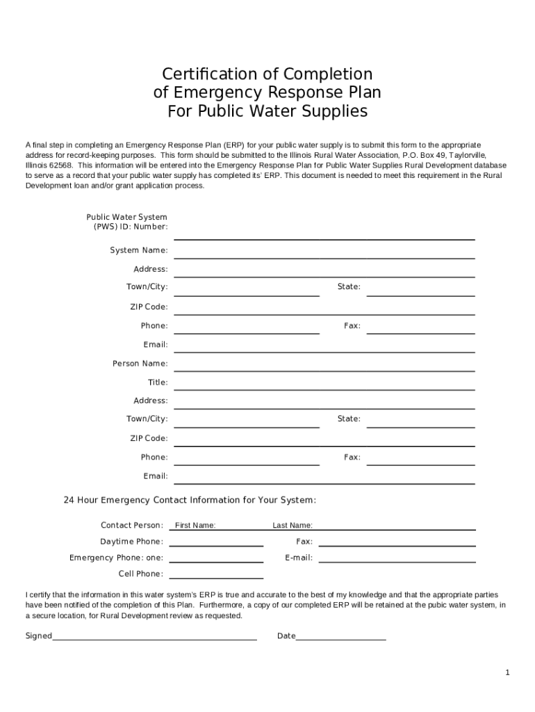 Certification Of Completion Of Emergency Response Plan For Doc Template PdfFiller