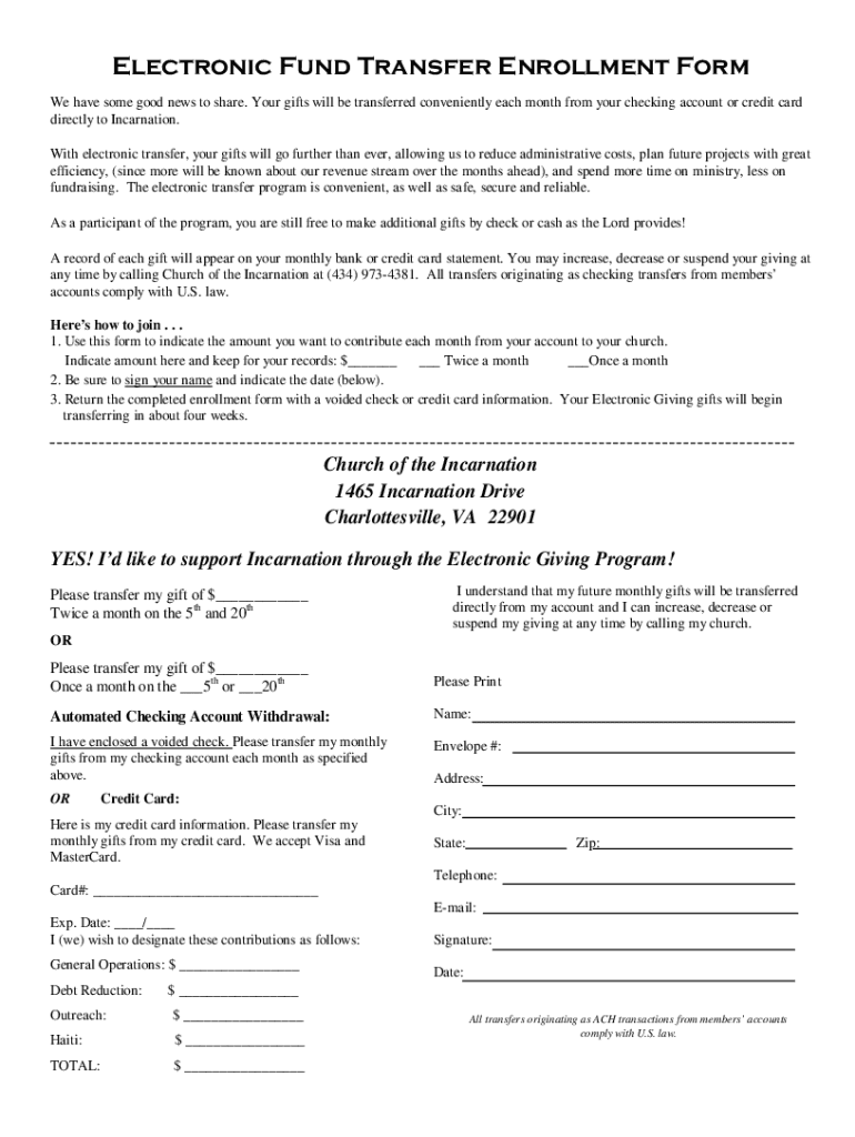 Fillable Online Enrollment Form: Electronic Funds Transfer ...