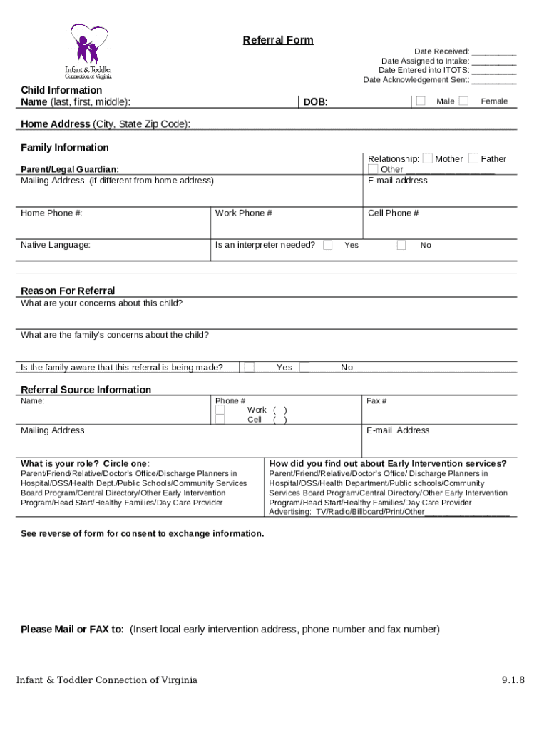 Referral to the Infant & Toddler Connection Doc Template | pdfFiller