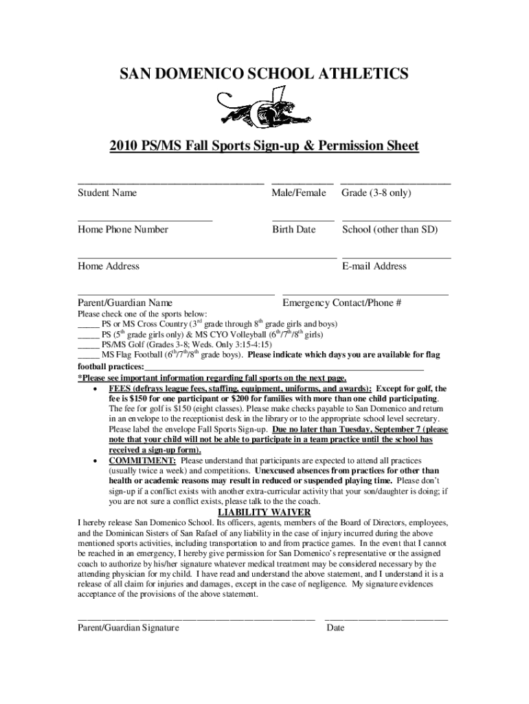 Fillable Online 2010 Fall Sports Sign-up Form.doc Fax Email Print ...