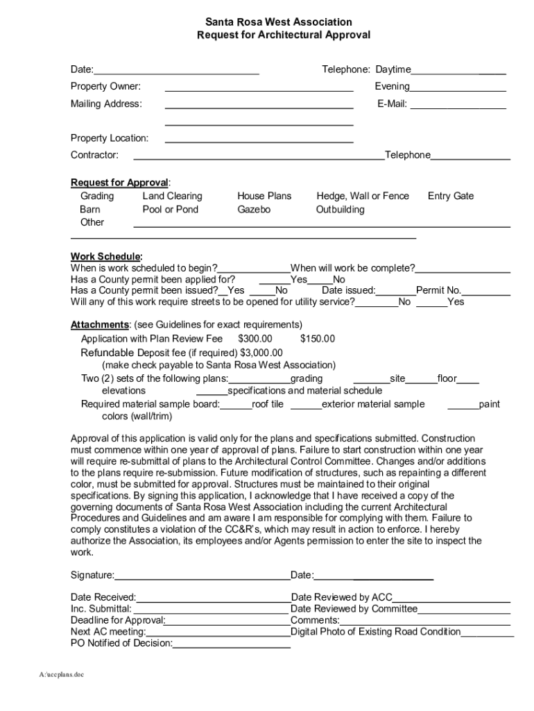 Fillable Online Santa Rosa West Association Request for Architectural ...