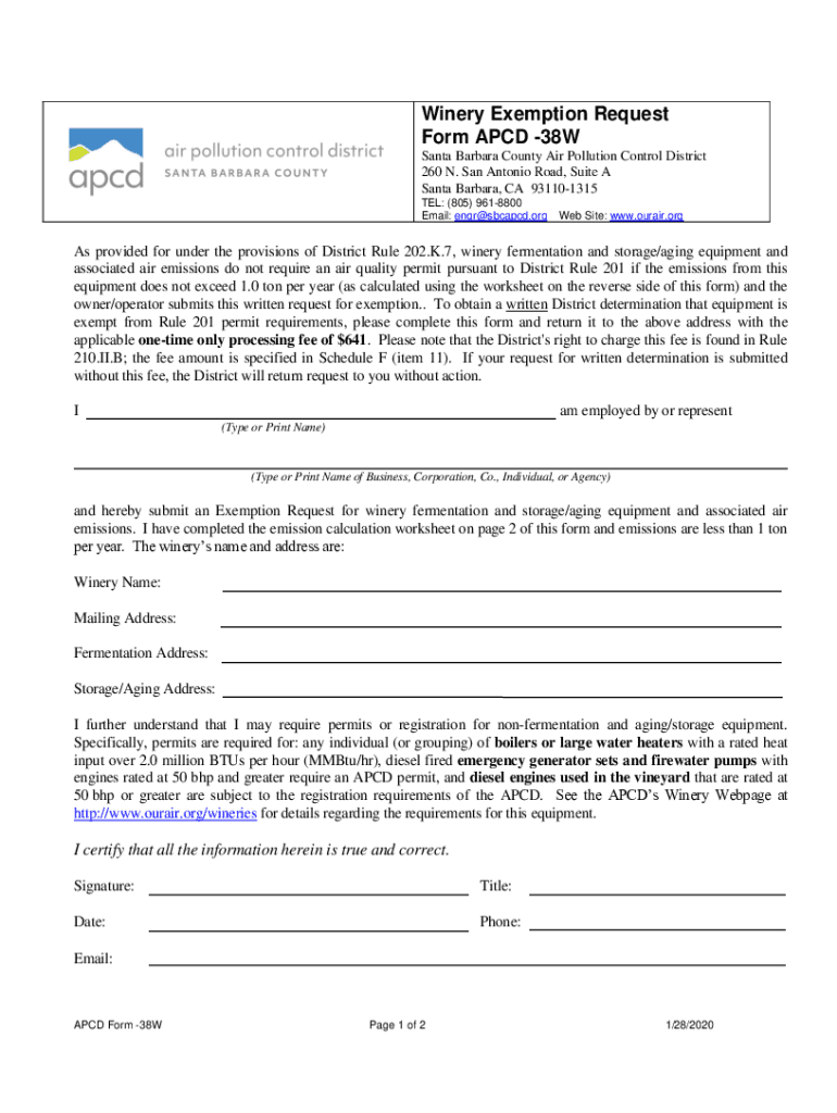 Fillable Online APCD Form -38W. Winery Exemption Form Fax Email Print ...