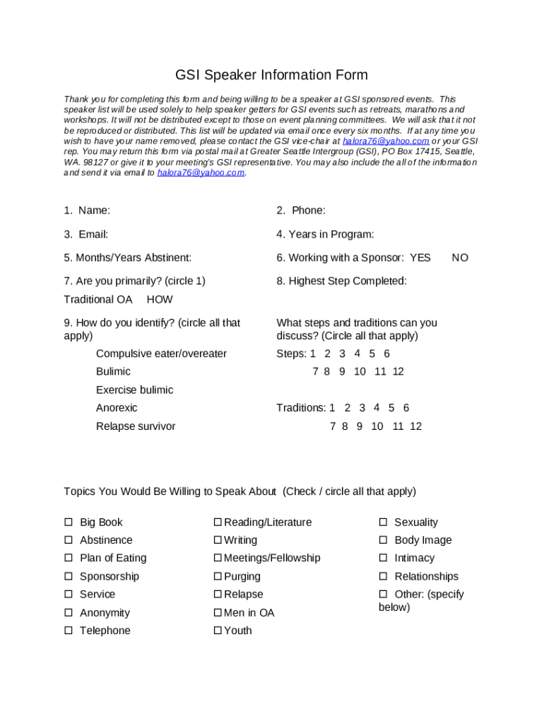 GSI Speaker Ination Doc Template | pdfFiller