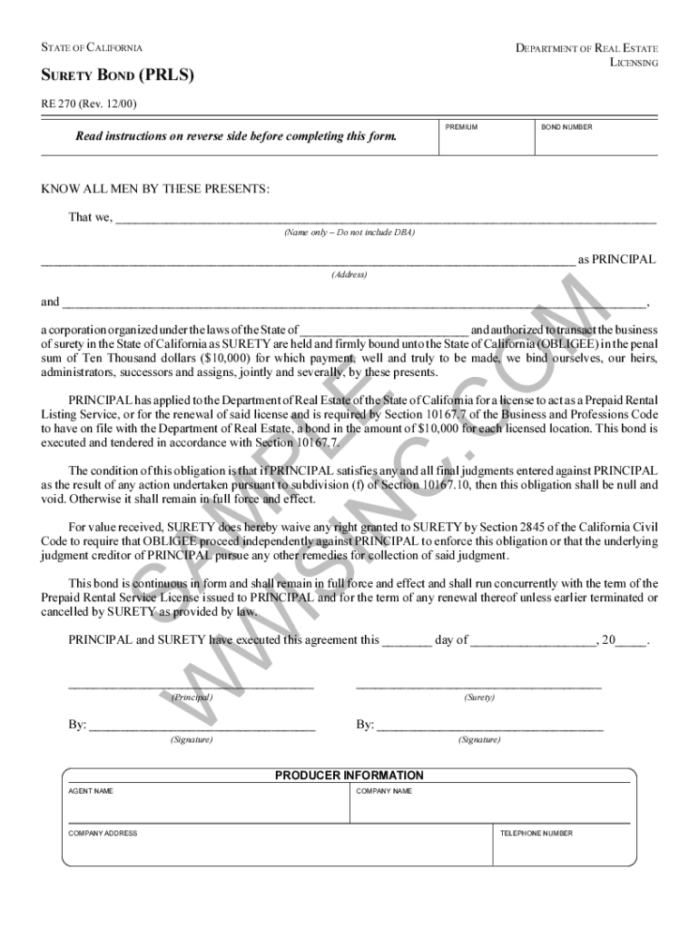 Fillable Online Surety Bond (PRLS), RE 270 (12-00). Surety Bond (PRLS ...