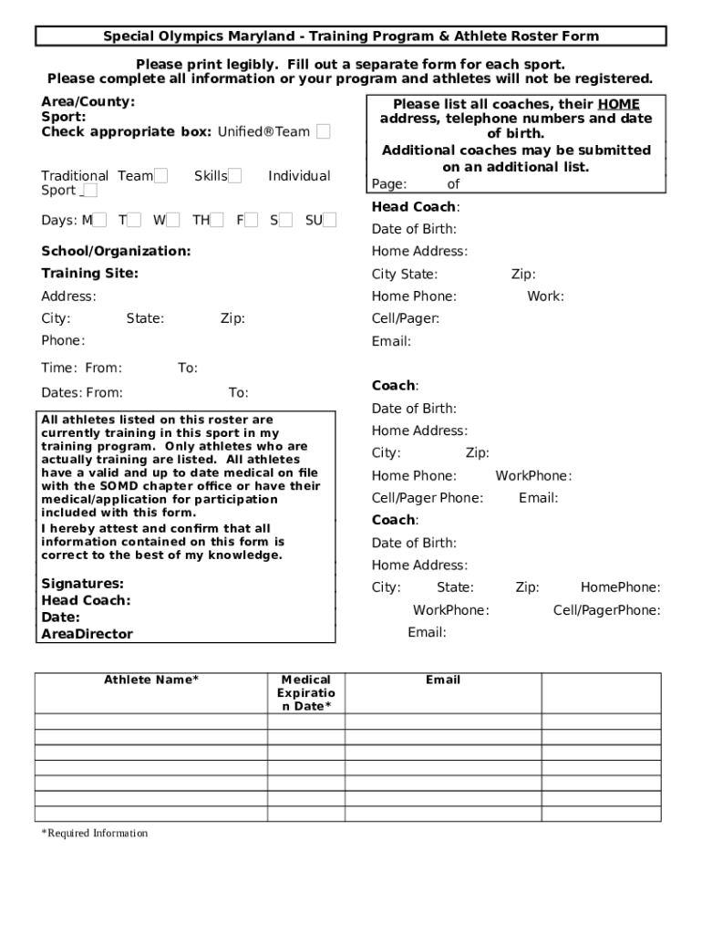 Special Olympics Maryland - Training Program & Athlete Roster Doc Template | pdfFiller