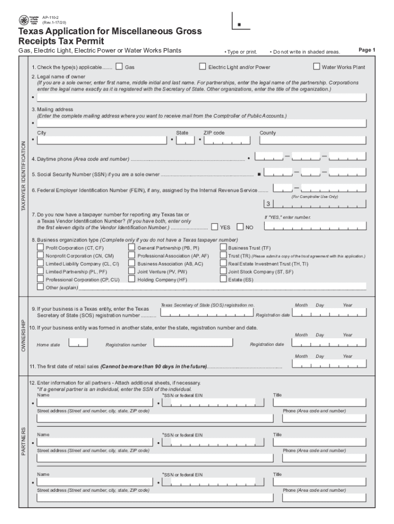 Fillable Online AP-110 Texas Application for Miscellaneous Gross ...