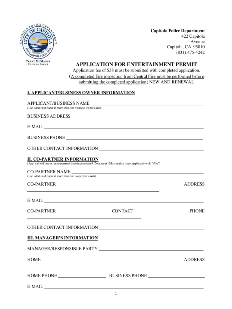 Fillable Online Entertainment Permit ApplicationCity of Capitola ...