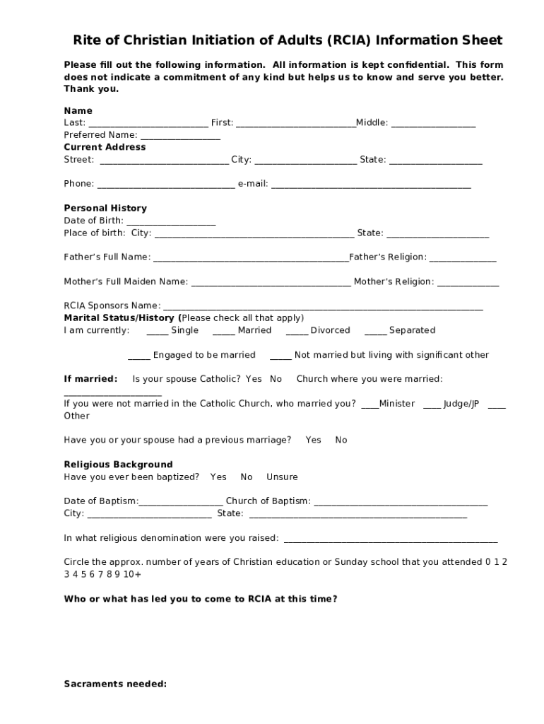 Rite of Christian Initiation of Adults (RCIA) Ination Sheet Doc ...