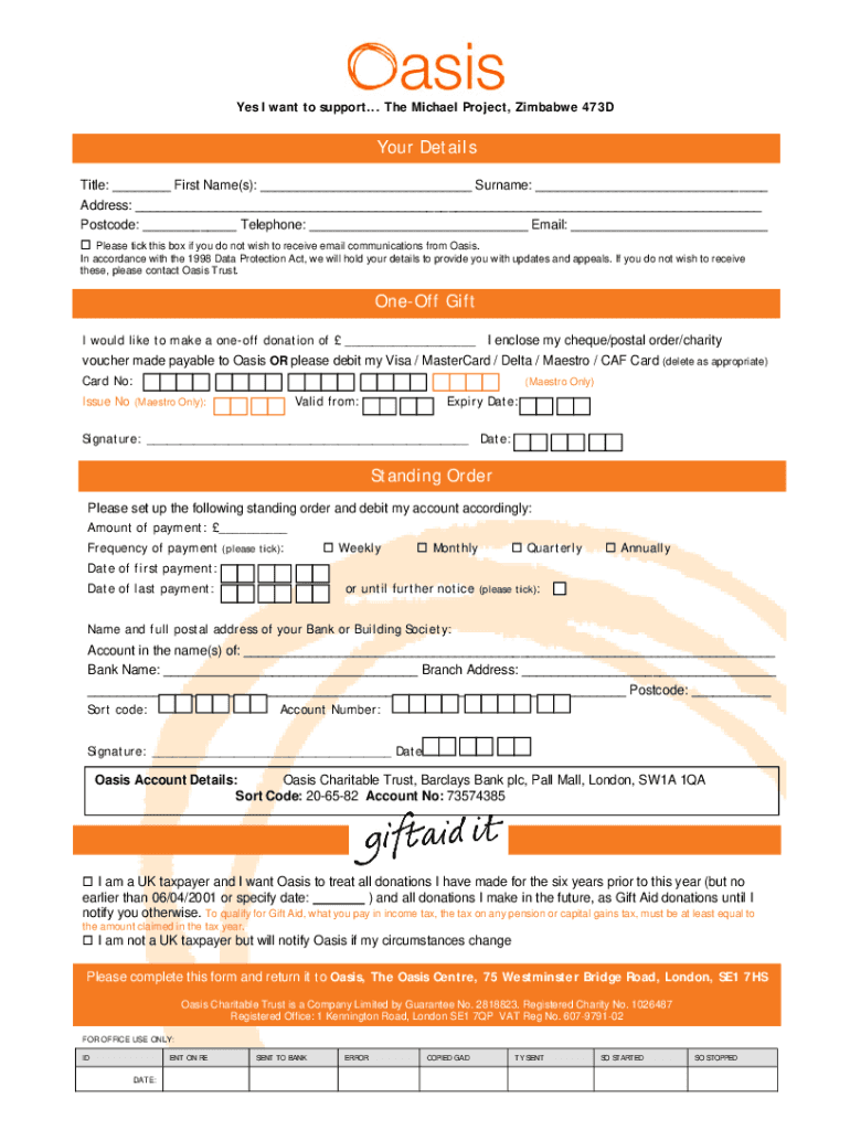 Fillable Online Oasis General Giving Form - MP Fax Email Print - pdfFiller