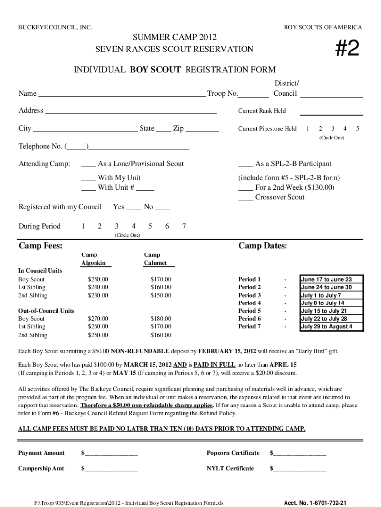 Fillable Online 2012 - Individual Boy Scout Registration Form.xls Fax ...
