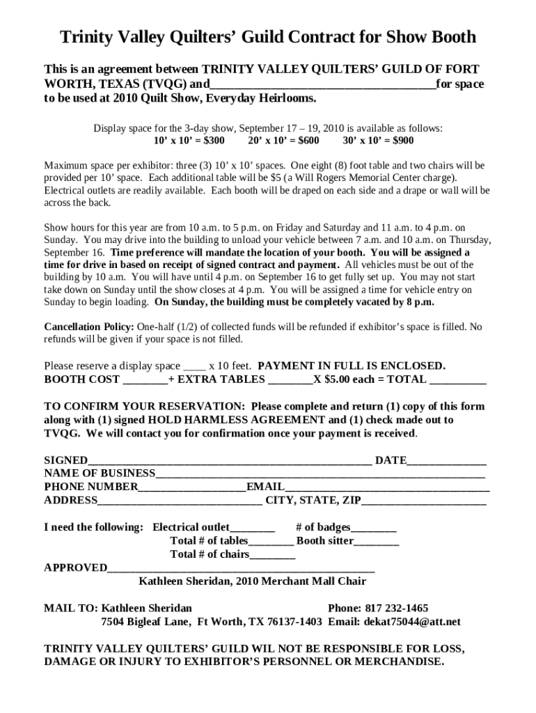 Trinity Valley Quilters Guild Contract for Show Booth Doc Template ...