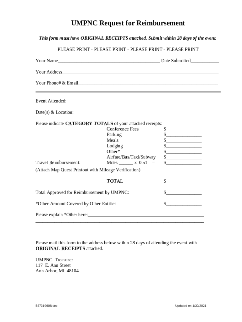 UMPNC Request For Reimbursement Doc Template | pdfFiller