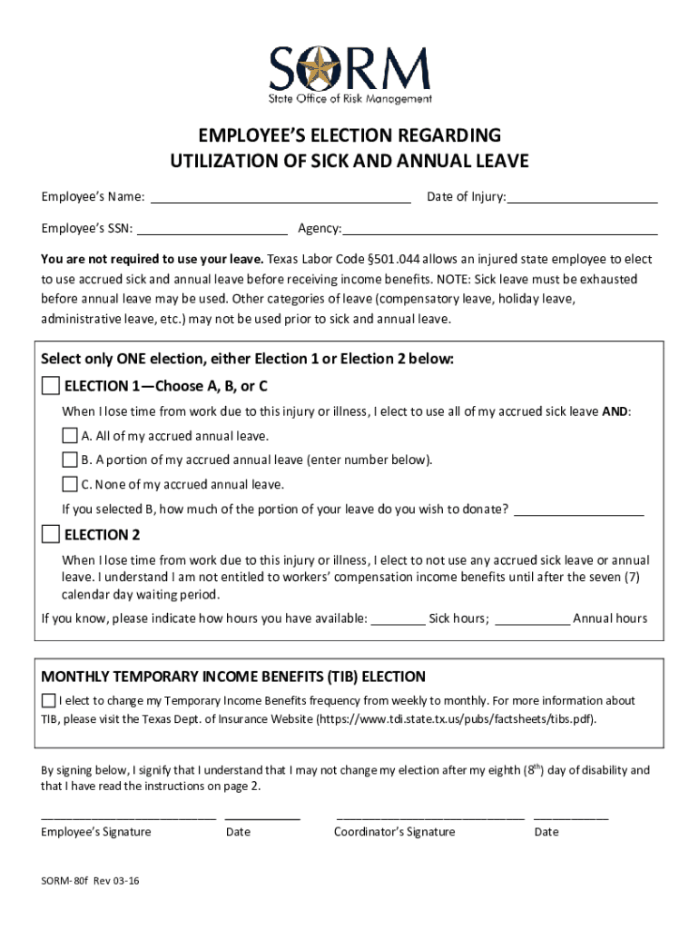 Fillable Online SORMform 80. Employee election sick, leave, annual ...