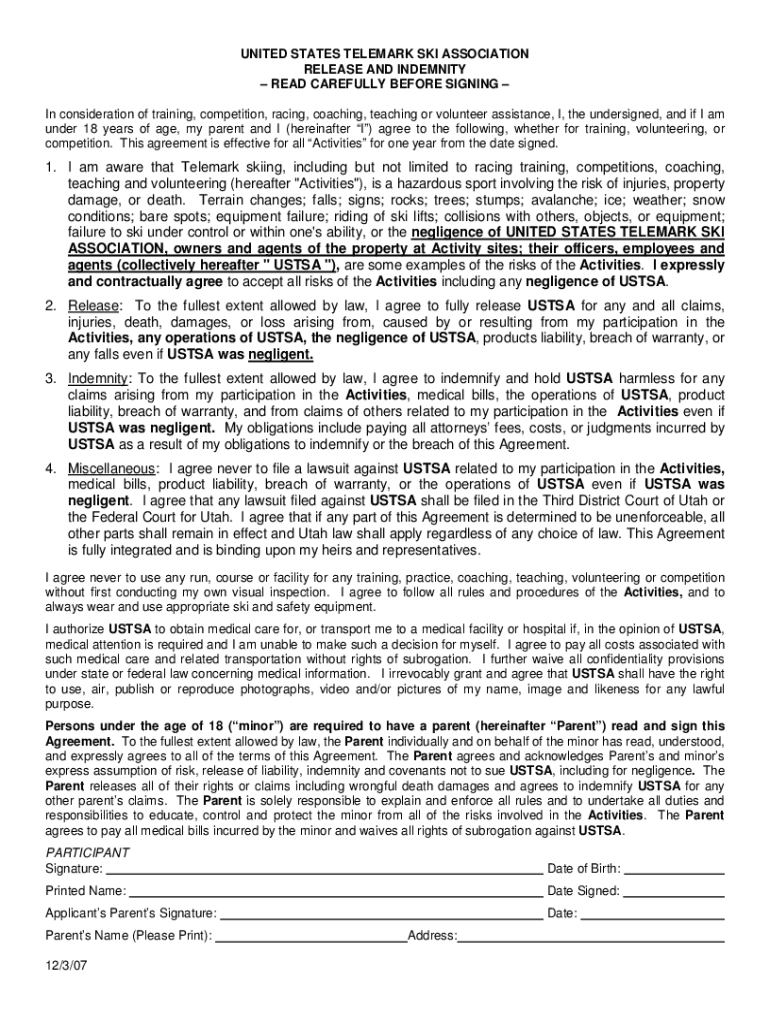 Fillable Online 2008 USTSA Release and Indemnity Form Fax Email Print ...