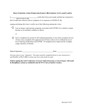 Fillable Online Self-Certification Form for Safely Returning to Class ...