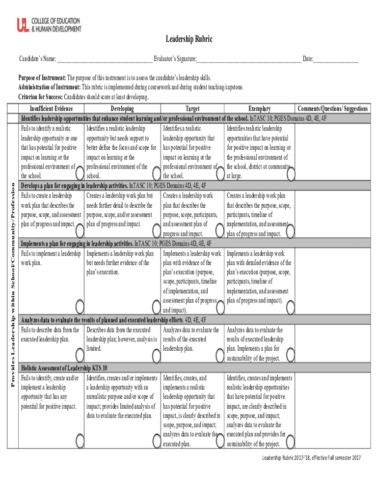 Fillable Online Leadership Rubric 2017-18-dt-20170712 - University of ...