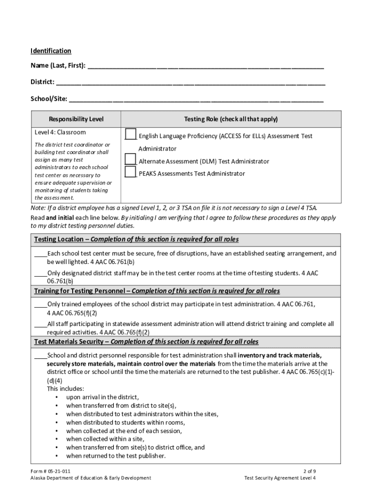 Fillable Online Level 4 Test Security Agreement 2020-2021 (05-21-011 ...