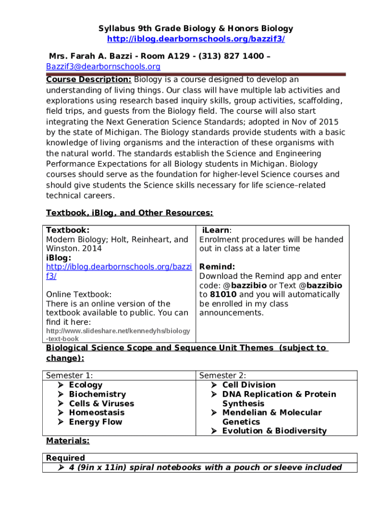Syllabus 9th Grade Biology - Mrs. Farah A. Bazzi - Room ... Doc ...