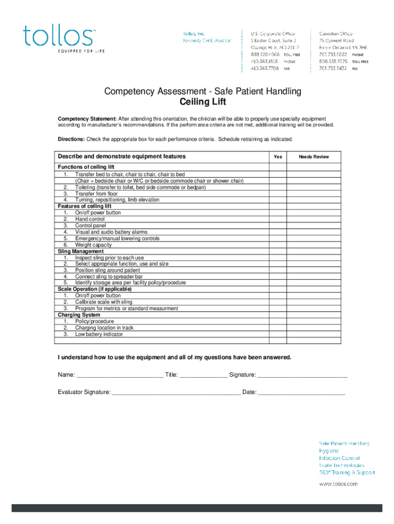 Fillable Online Competency Assessment - Safe Patient Handling Ceiling ...