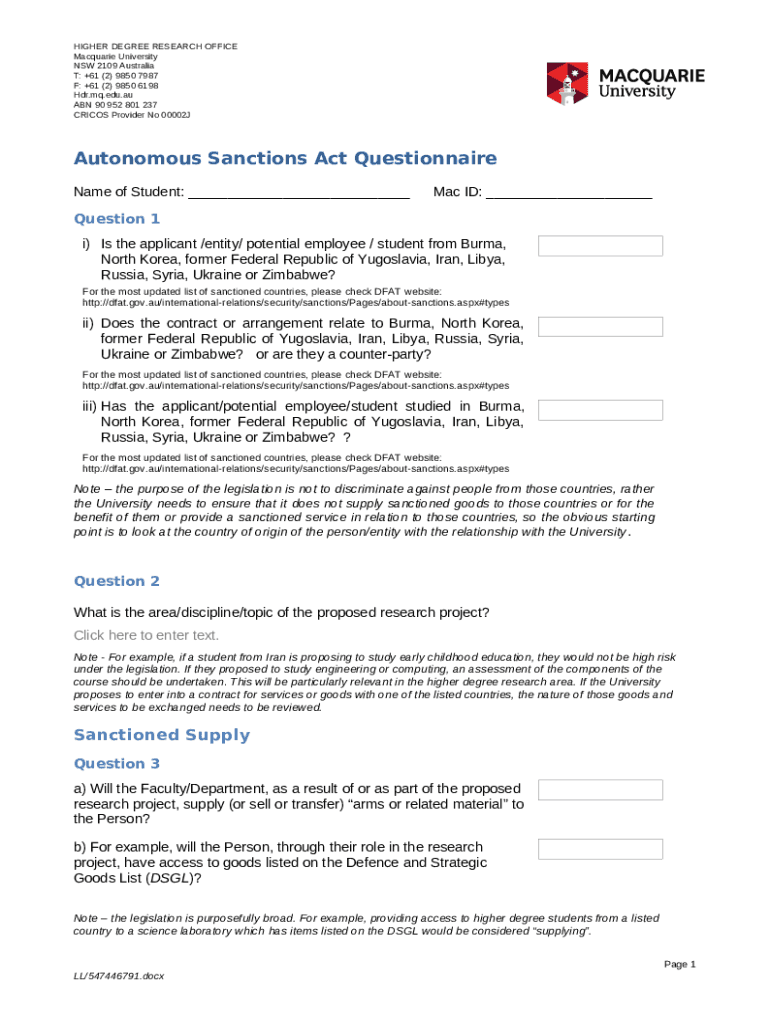 Autonomous Sanctions Act Questionnaire - Macquarie University Doc ...