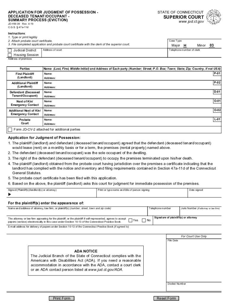 Fillable Online jud ct APPLICATION FOR JUDGMENT OF POSSESSION DECEASED ...