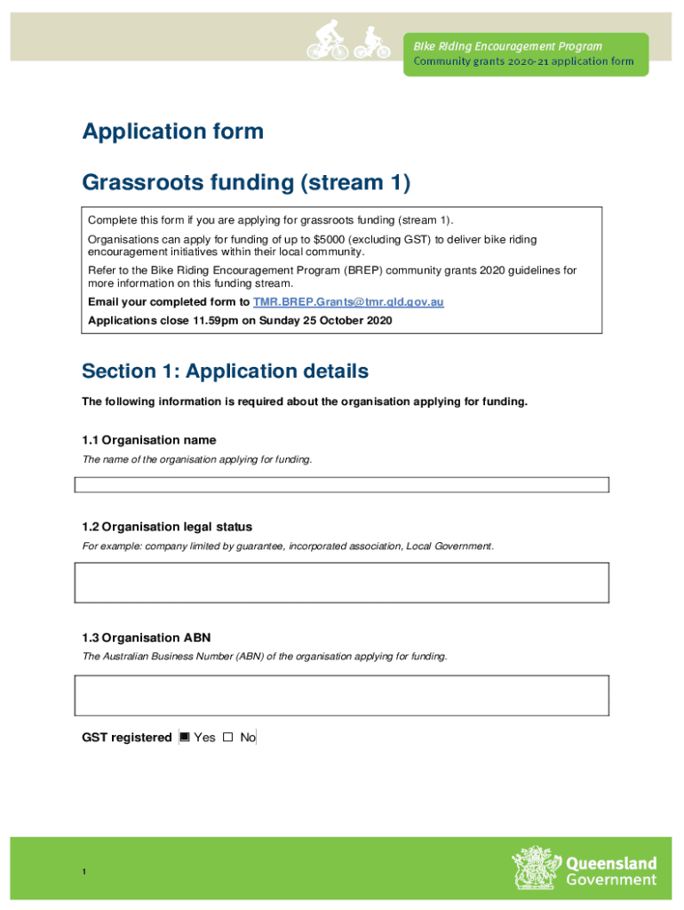 Fillable Online Application form Grassroots funding (stream 1) Fax ...