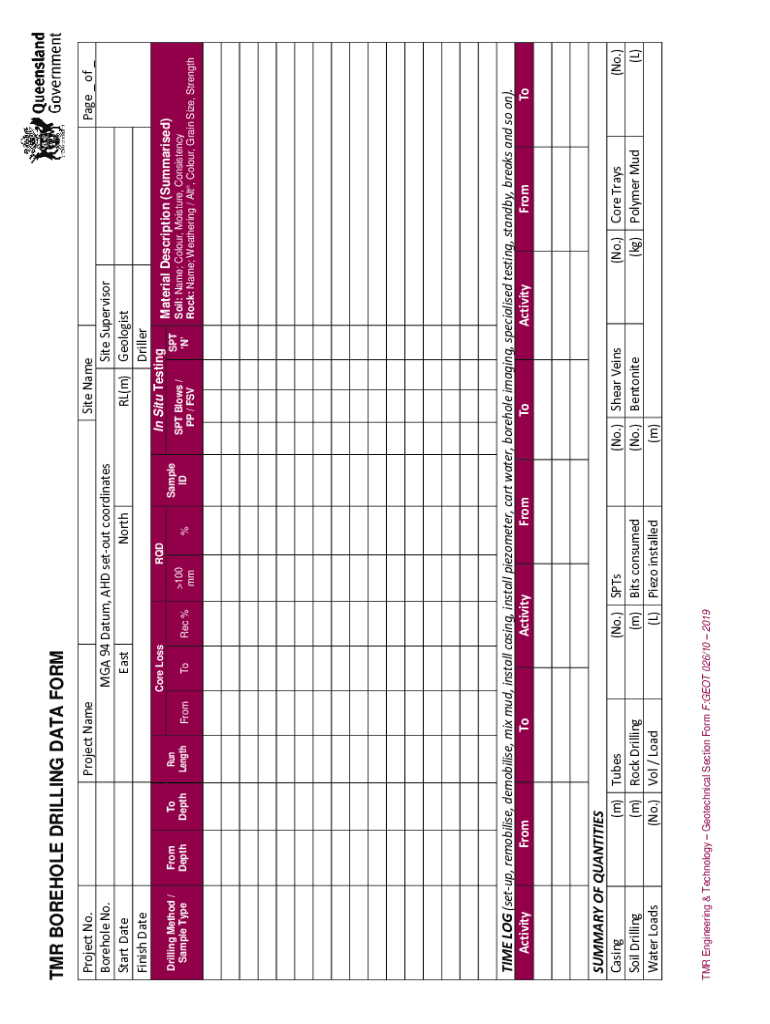 Fillable Online Borehole drilling data form. Borehole drilling data ...