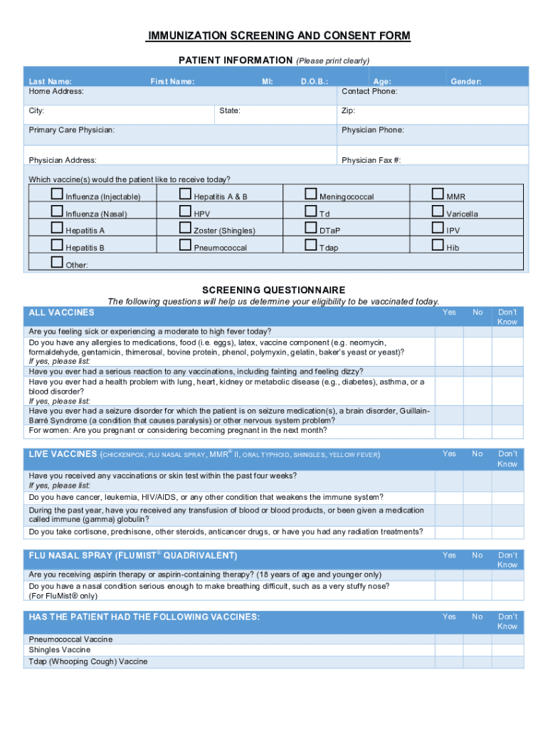 Fillable Online Immunization Screening and Consent Form - Updated.docx ...