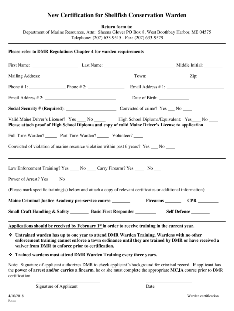 Fillable Online New Certification for Shellfish Conservation Warden Fax ...