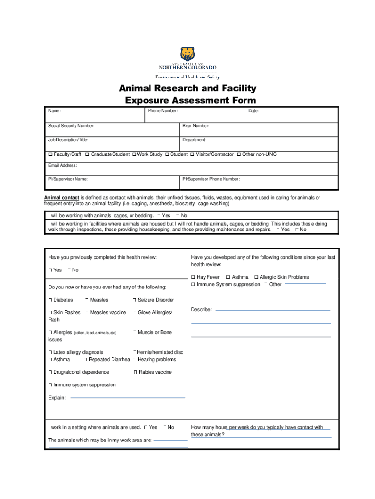 Fillable Online Animal Research and Facility Exposure Assessment Form ...