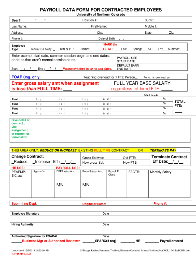 Fillable Online PAYROLL DATA FORM FOR CONTRACTED EMPLOYEES - - Position ...