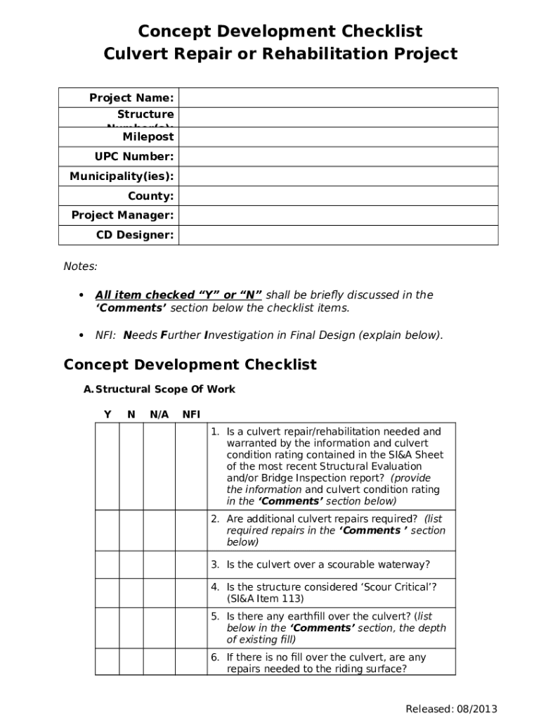 Limited Scope Concept Development Culvert Checklist. Limited Scope Doc ...
