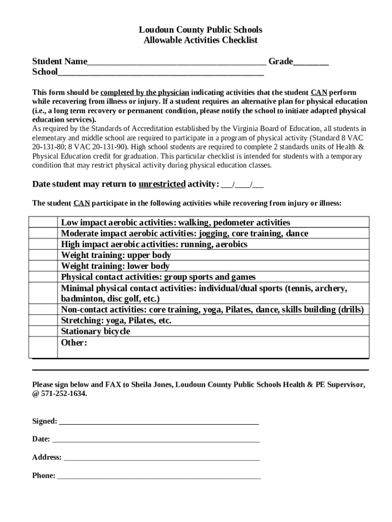 Loudoun County Public Schools Allowable Activities Checklist Doc Template | pdfFiller
