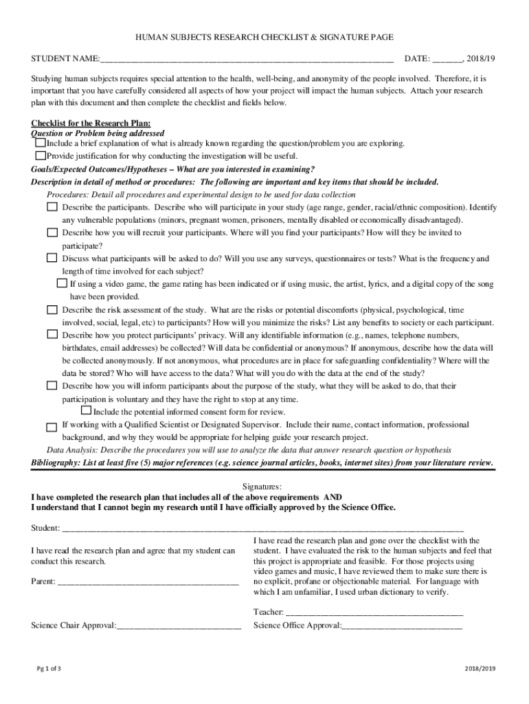Fillable Online HUMAN SUBJECTS RESEARCH CHECKLIST & SIGNATURE PAGE ...