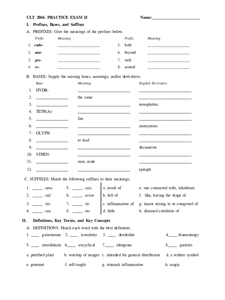 Fillable Online plaza ufl CLT 2044. PRACTICE EXAM II Name: I. Prefixes ...
