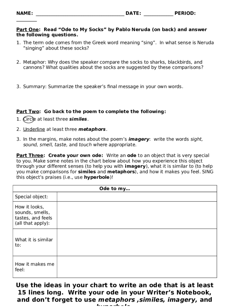 Ode to my Socks by Pablo Neruda, p Doc Template | pdfFiller Ode to my Socks by Pablo Neruda, p Doc Template | pdfFiller