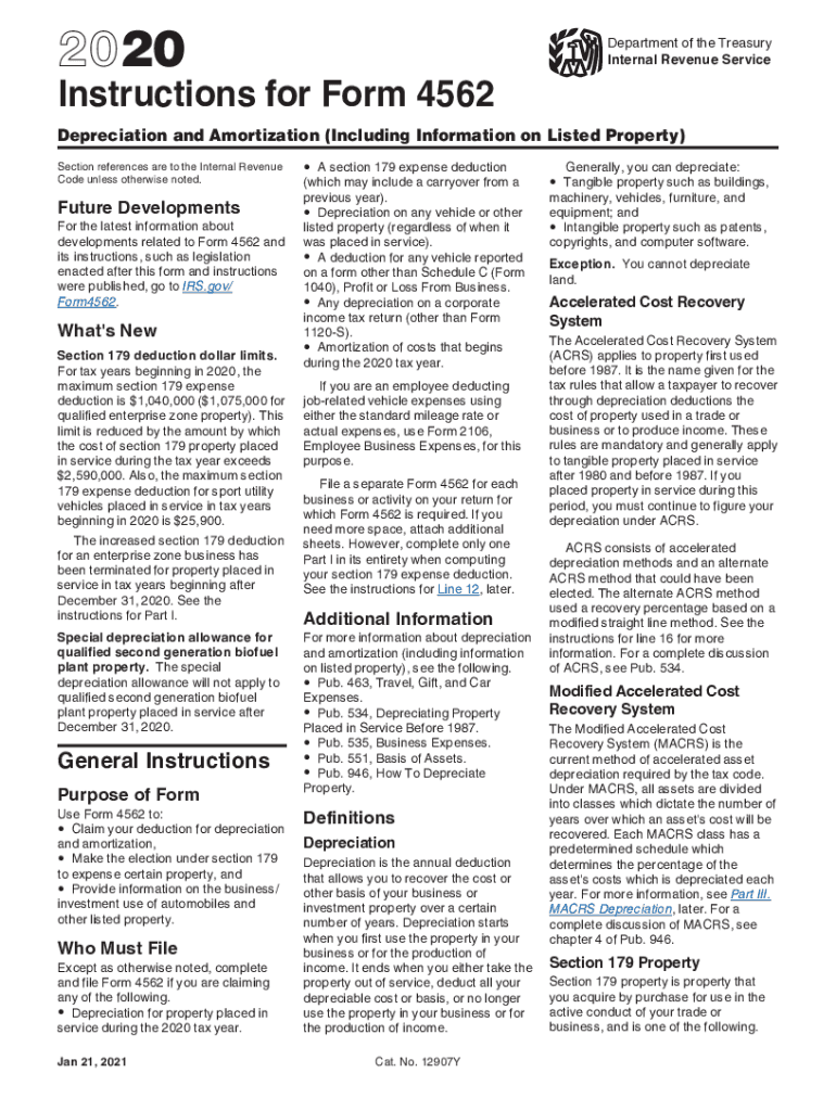 2020 Form IRS 4562 Instructions Fill Online Printable Fillable Blank