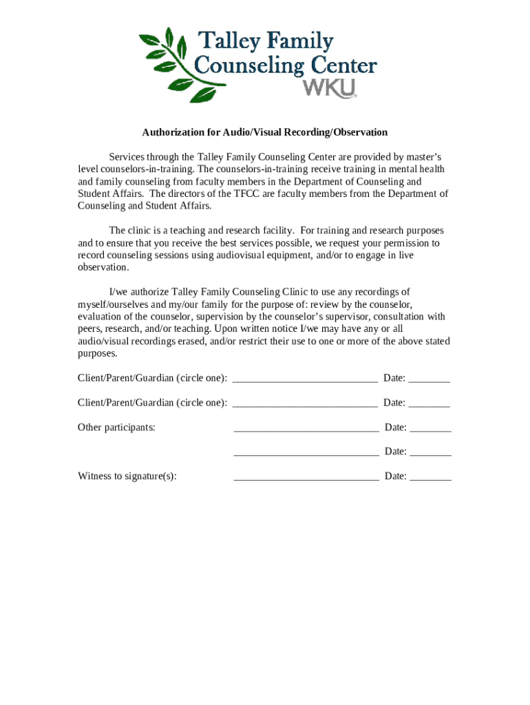 Authorization for Audio/Visual Recording/Observation Doc Template ...