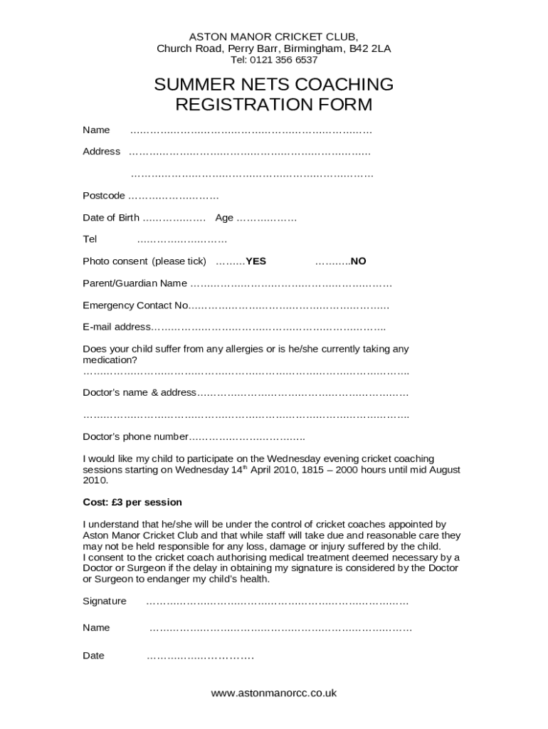 Aston Manor Cricket Club Doc Template | pdfFiller