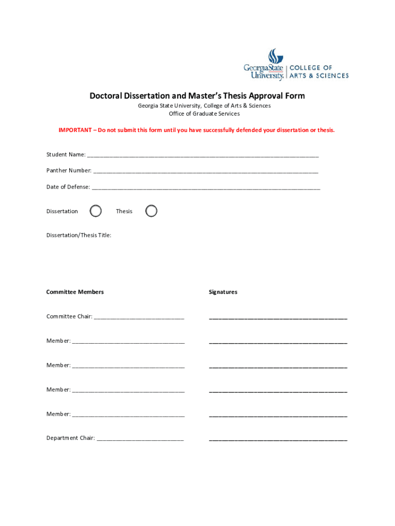 Fillable Online Doctoral Dissertation and Masters Thesis Approval Form Fax Email Print - pdfFiller