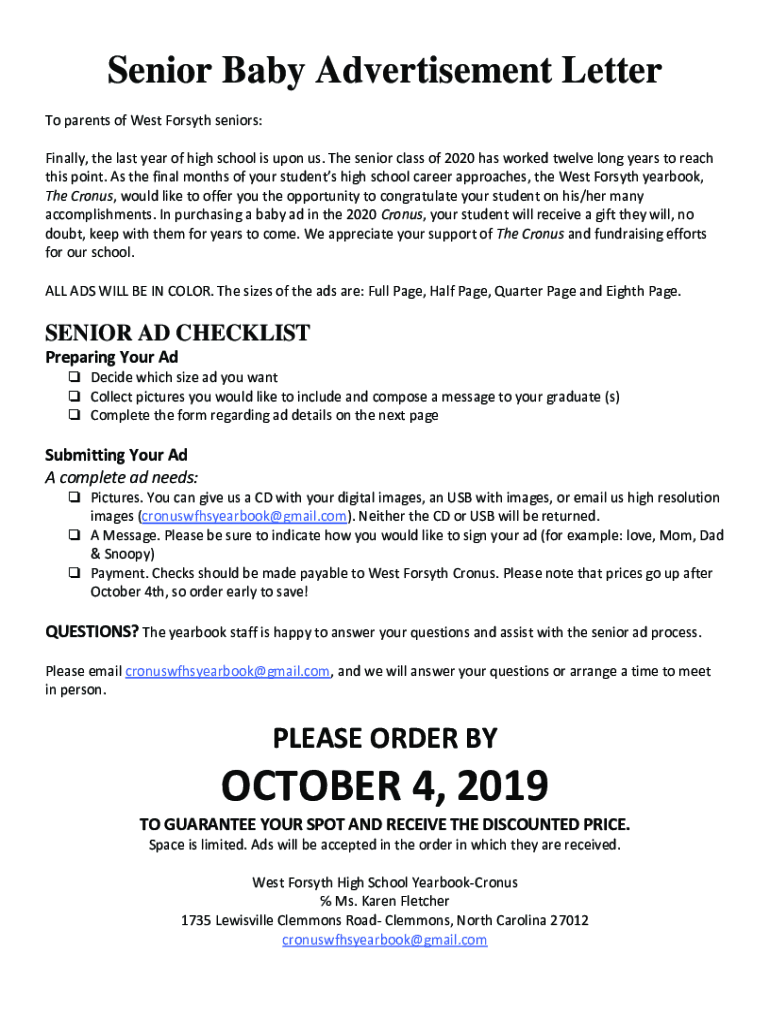 Fillable Online Senior Baby Advertisement Letter - wsfcs.k12.nc.us Fax Email Print - pdfFiller