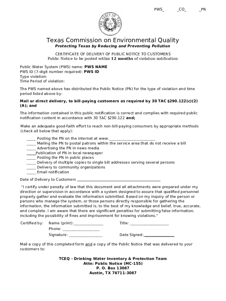 CERTIFICATE OF DELIVERY OF PUBLIC NOTICE TO CUSTOMERS Doc Template ...