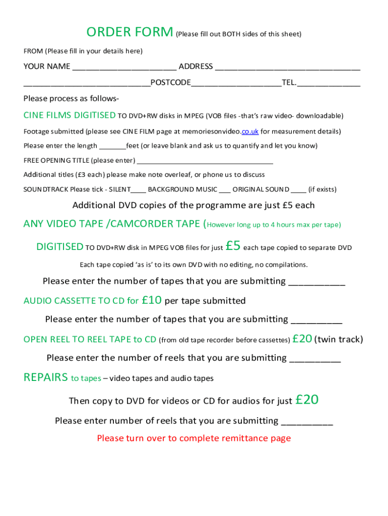 Fillable Online ORDER FORM (Please fill out BOTH sides of this sheet) Fax Email Print - pdfFiller