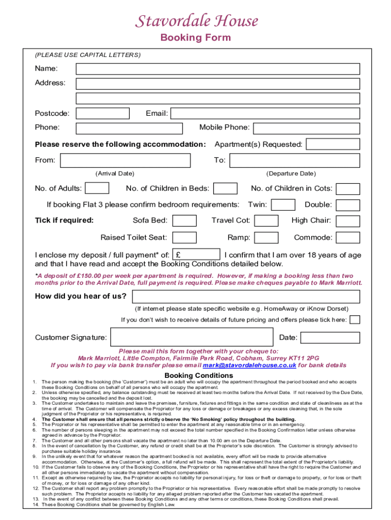 Fillable Online Stavordale House Booking Form Fax Email Print - pdfFiller