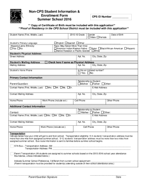 Fillable Online Non-CPS Student Information & Enrollment Form CPS ID ...