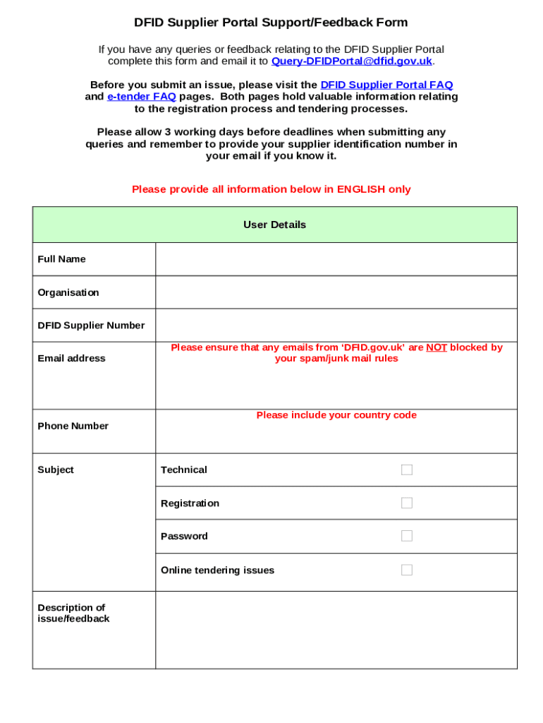 DFID Supplier Portal support/feedback . DFID Supplier Portal support/feedback Doc Template ...